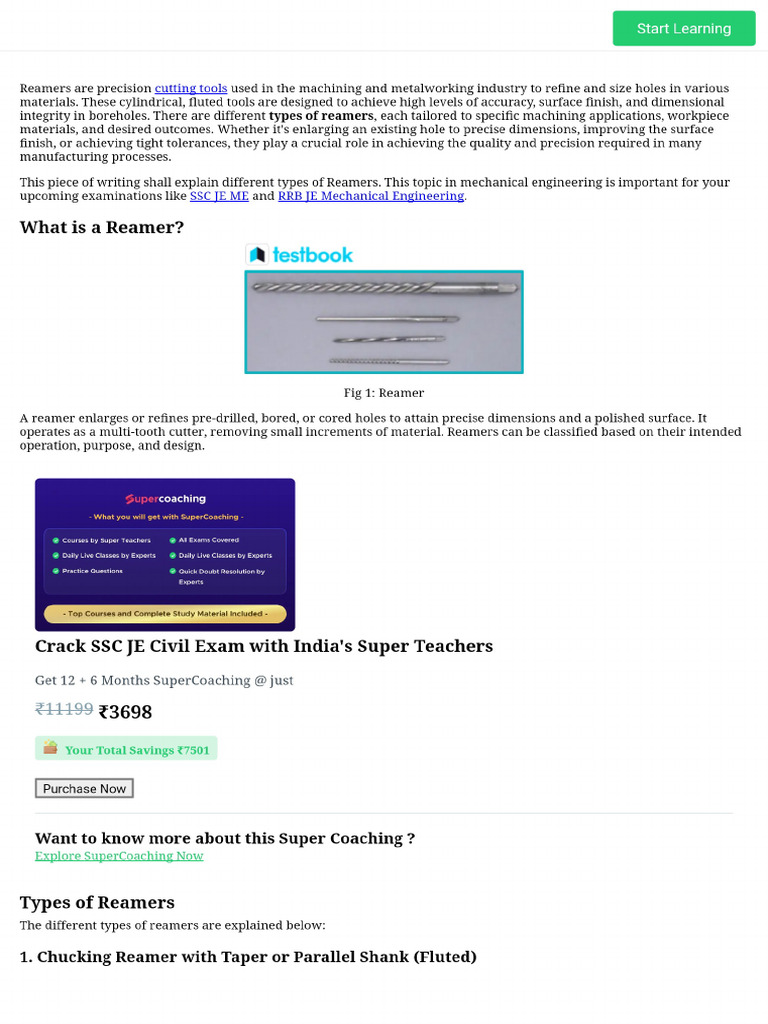 Types of Reamers - With Definitions, Diagrams, and Applications. | PDF