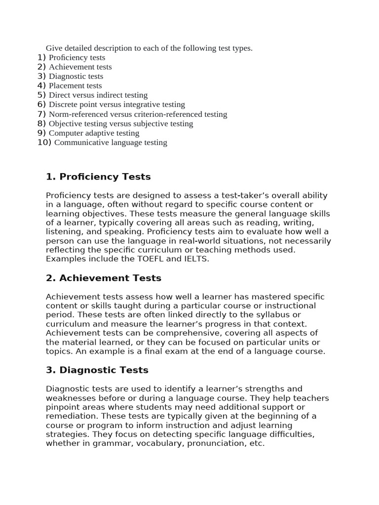 Types of Language Testing Explained | PDF | Learning | Test Of English ...
