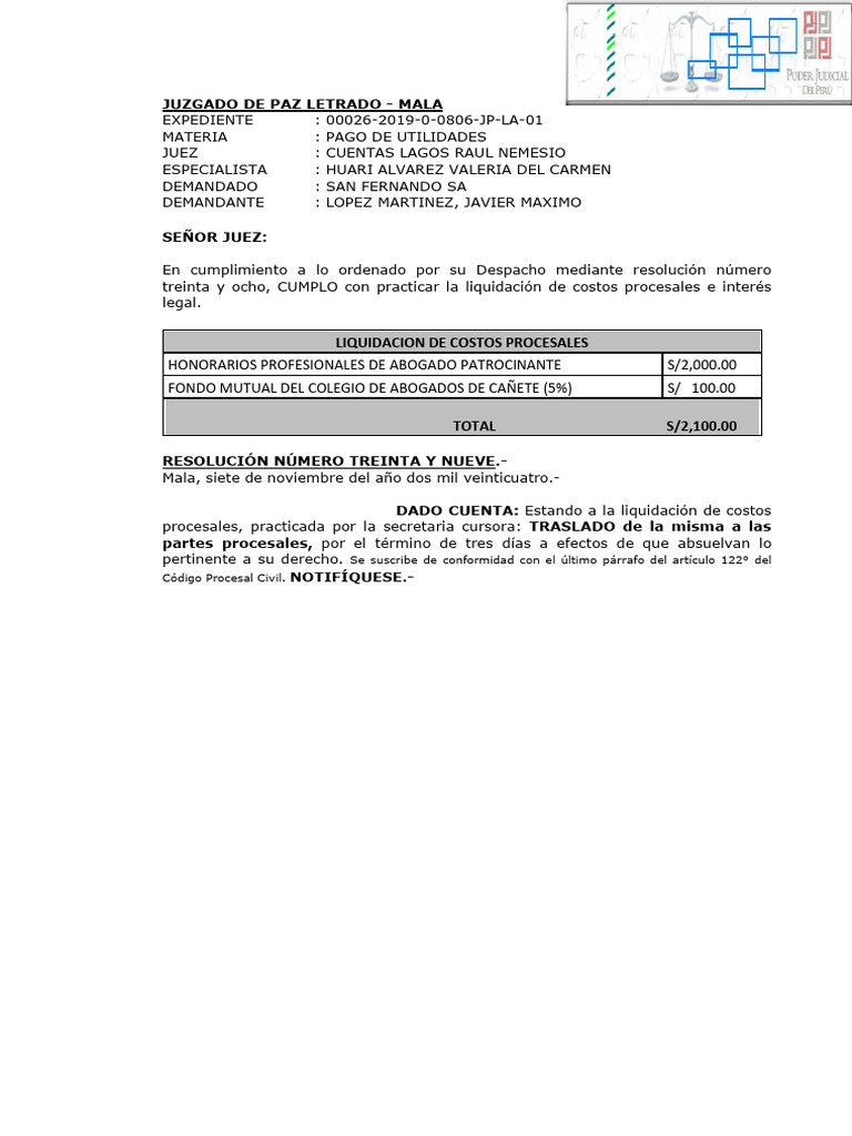 Javier Proceso Laboral Contra San Fernando Maximo Traslado de Costos | PDF