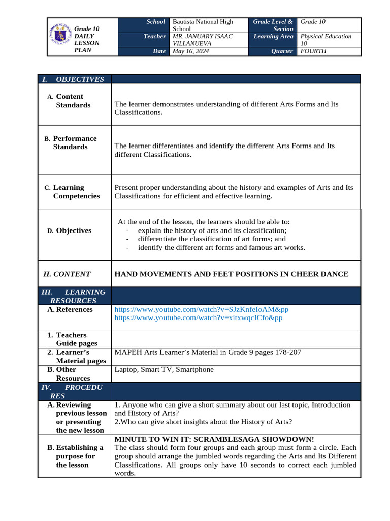 May 24 Deadline Daily Lesson Plan - Arts | PDF | The Arts | Fine Art