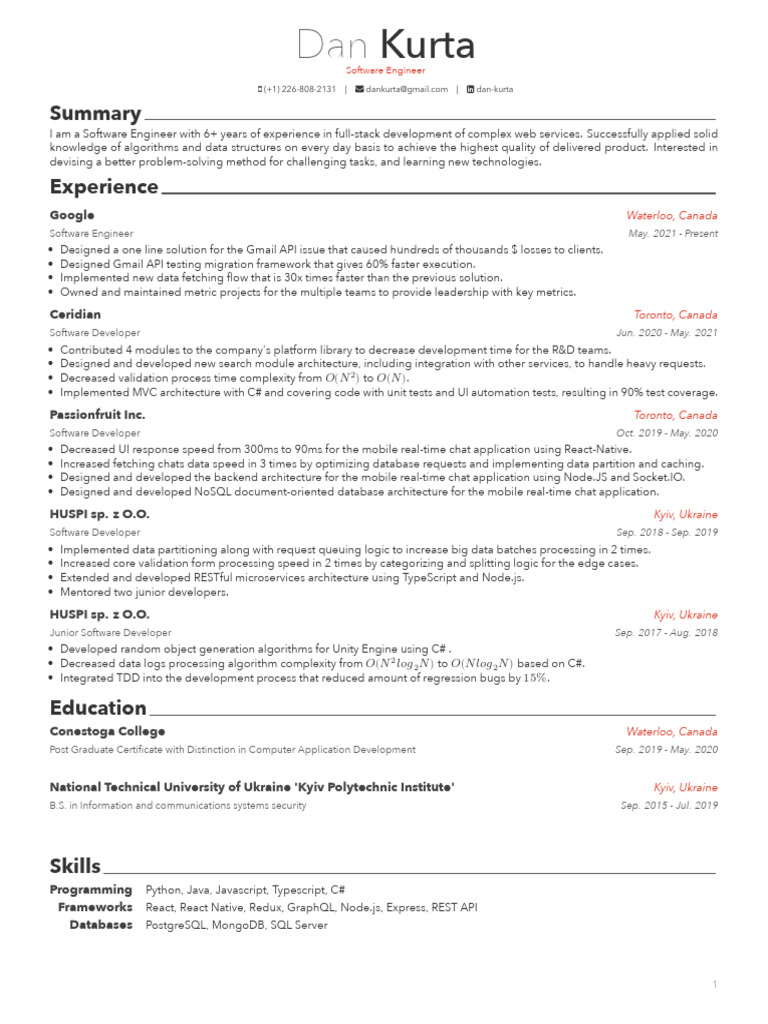 Dan Kurta: Full-Stack Software Engineer Resume | PDF | Software | Computer Programming