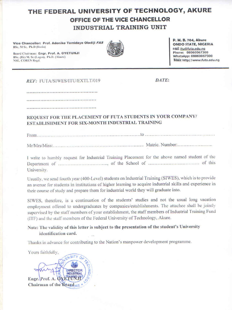 Futa Siwes Form | PDF