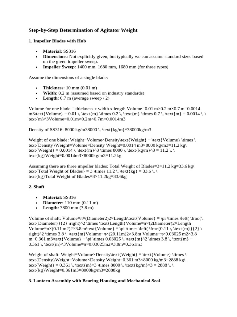 Agitator Weight Calculation | PDF | Density | Length