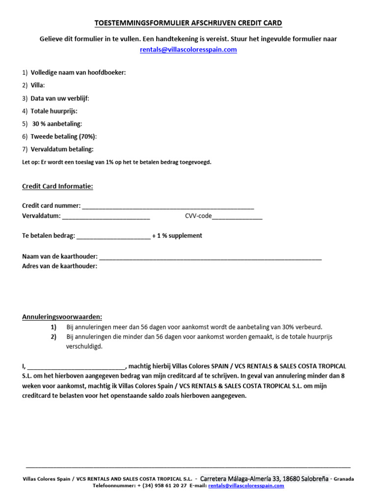 Credit Card Authorization Form - DUTCH - VCS | PDF