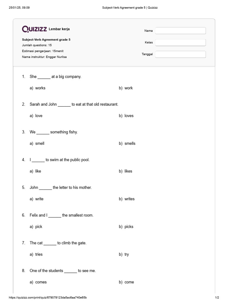 Subject-Verb Agreement Grade 5 - Quizizz | PDF