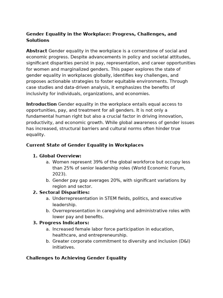Gender Equality in The Workplace Progress, Challenges, and Solutions ...