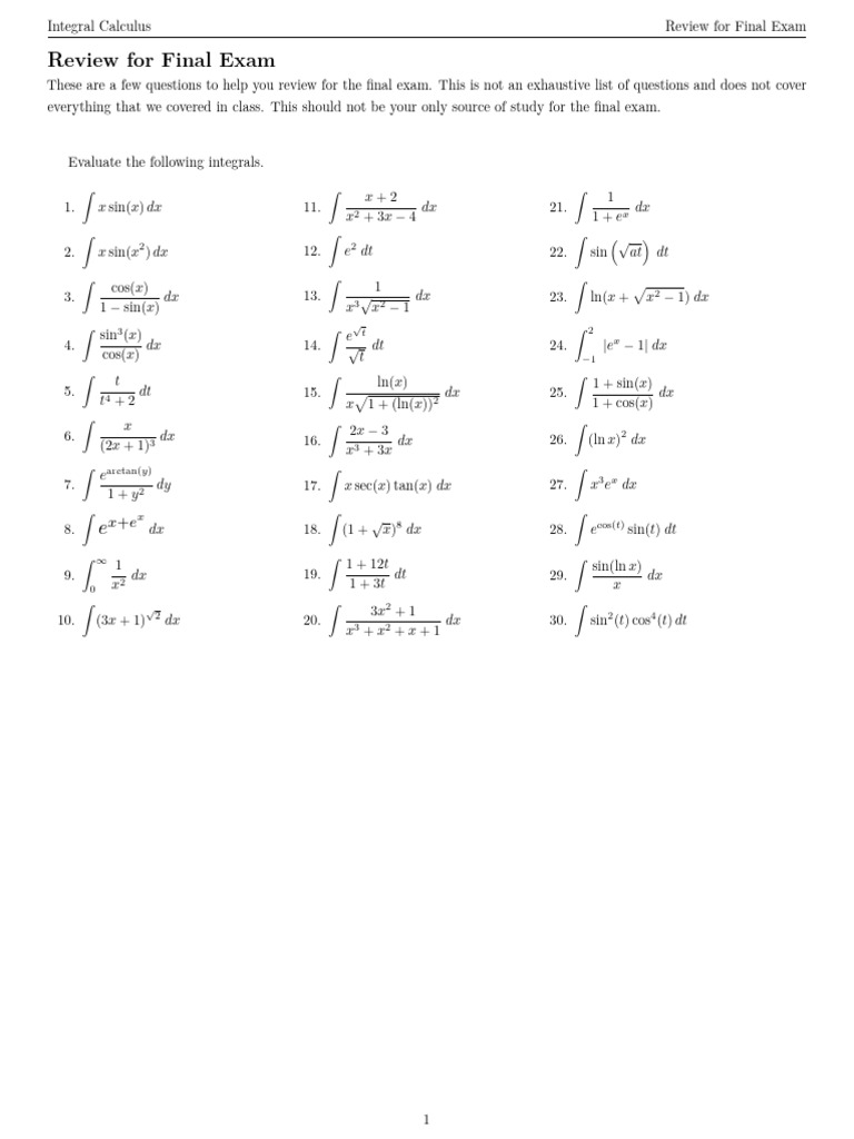 30 Integrals for Final Exam Review | PDF | Trigonometry | Functions And ...