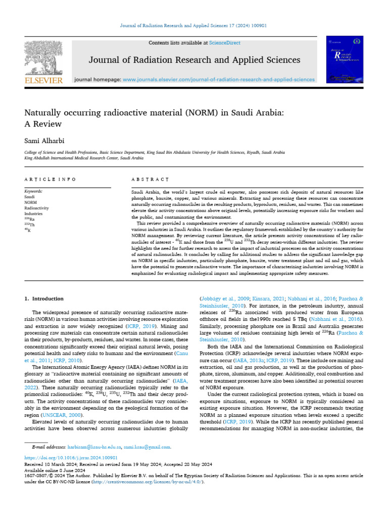 2024 - Naturally Occurring Radioactive Material (NORM) in Saudi Arabia ...