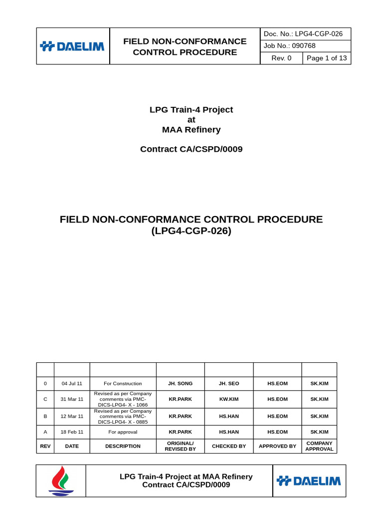 Field Non Conformance Control Procedure Rev.0 | PDF | Verification And ...