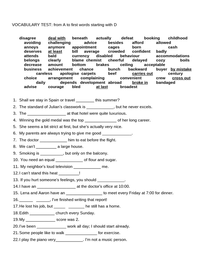 B1 Vocab Test From A To First Words With D | PDF