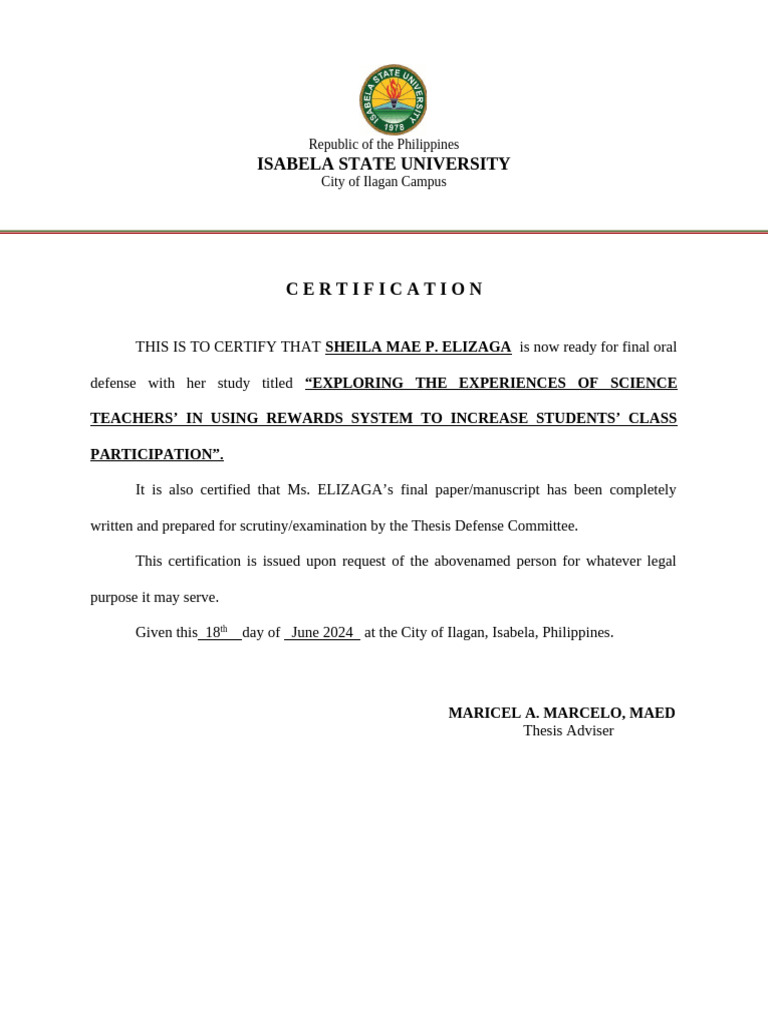 Sample Adviser Certification 1 | PDF | Thesis | Publishing