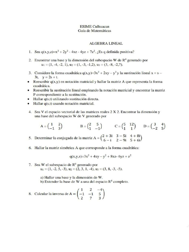 Guia de Algebra Lineal | PDF