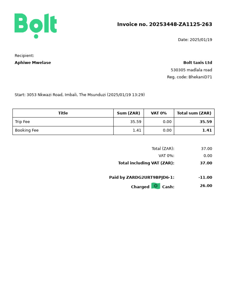 Taxi Invoice for Aphiwe Mwelase | PDF
