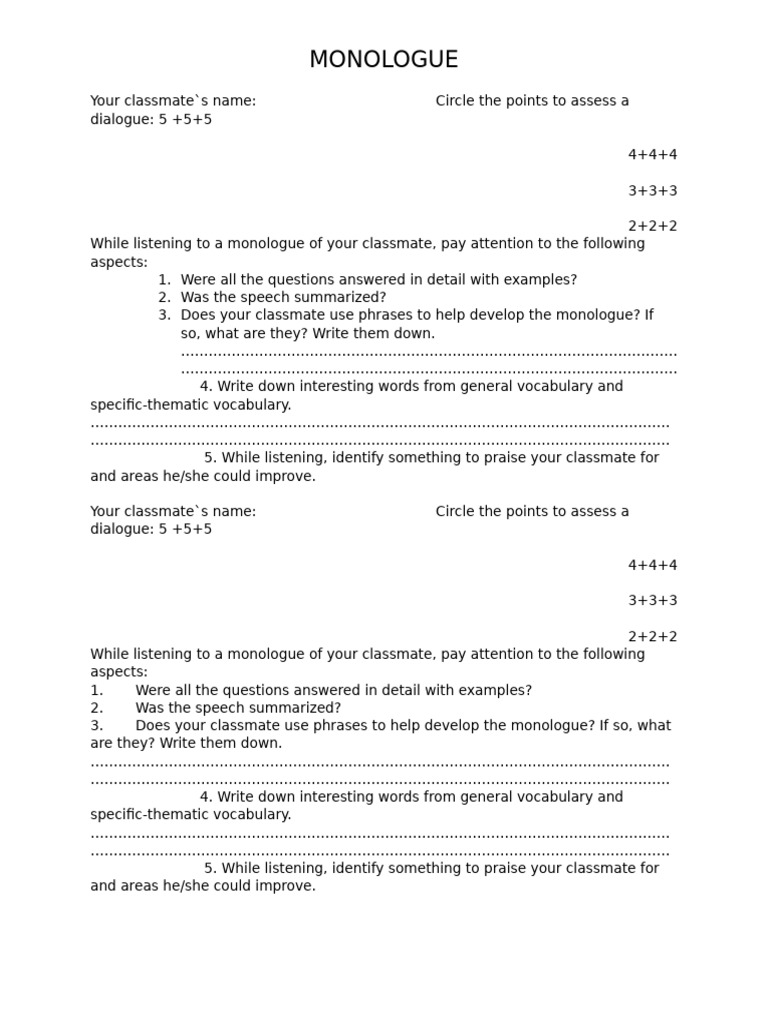 MONOLOGUE ASSESSMENT in Groups | PDF