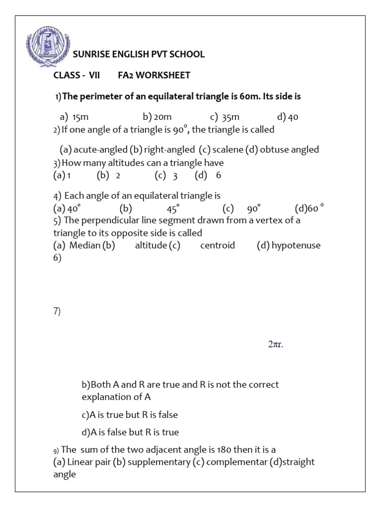 Class VII Geometry FA2 Worksheet | PDF | Triangle | Area