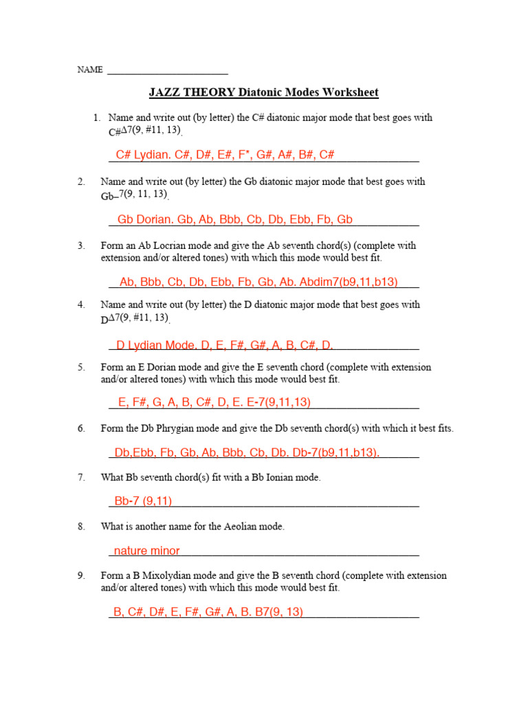 Jazz Theory Diatonic Modes Worksheet | PDF