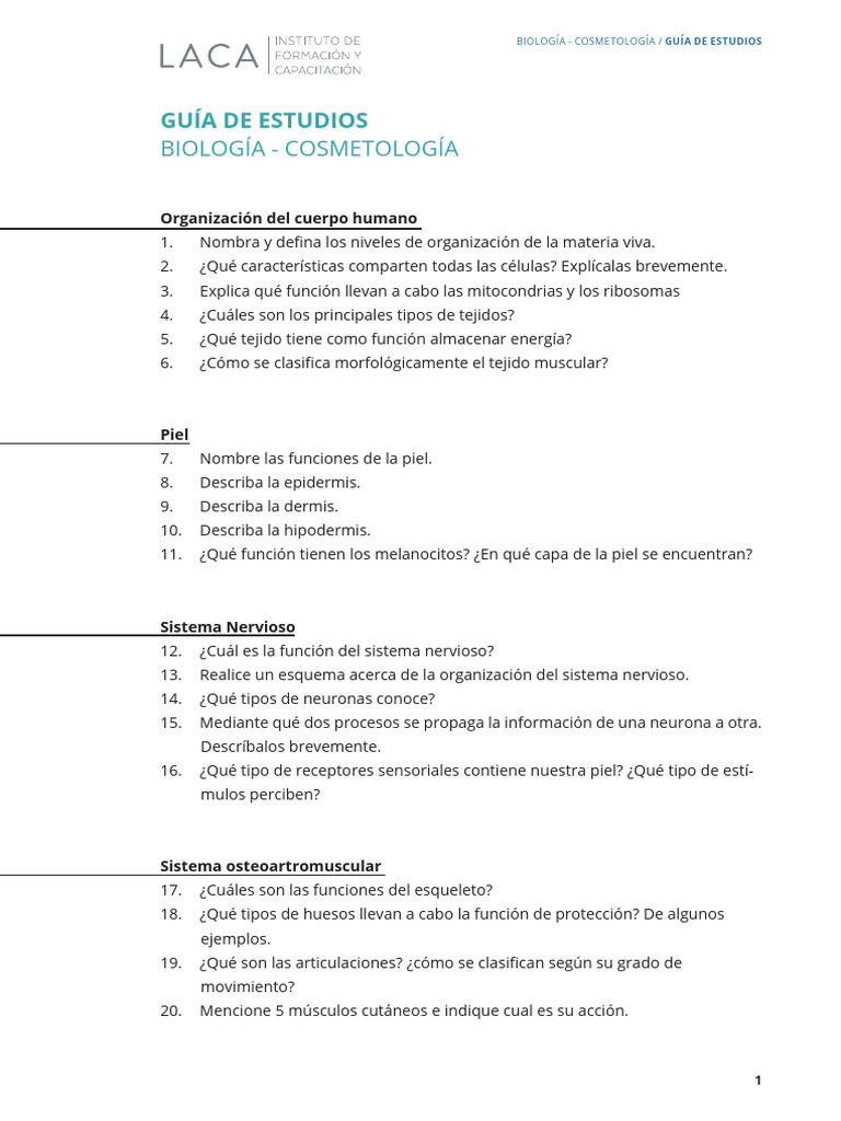 Guía de Estudio Biología Cosmetología. 1. | PDF | Sistema inmune | Piel