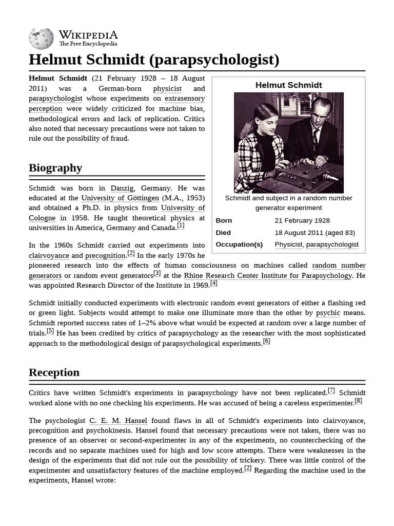 Helmut Schmidt (Parapsychologist) | PDF | Parapsychology | Paranormal