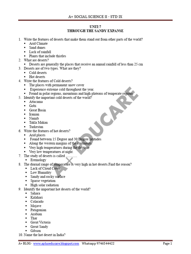 A+ Blog-Class-9-Social Science Ii-Chapter-7-Through The Sandy Expanse-Question Answer (Em) | PDF ...