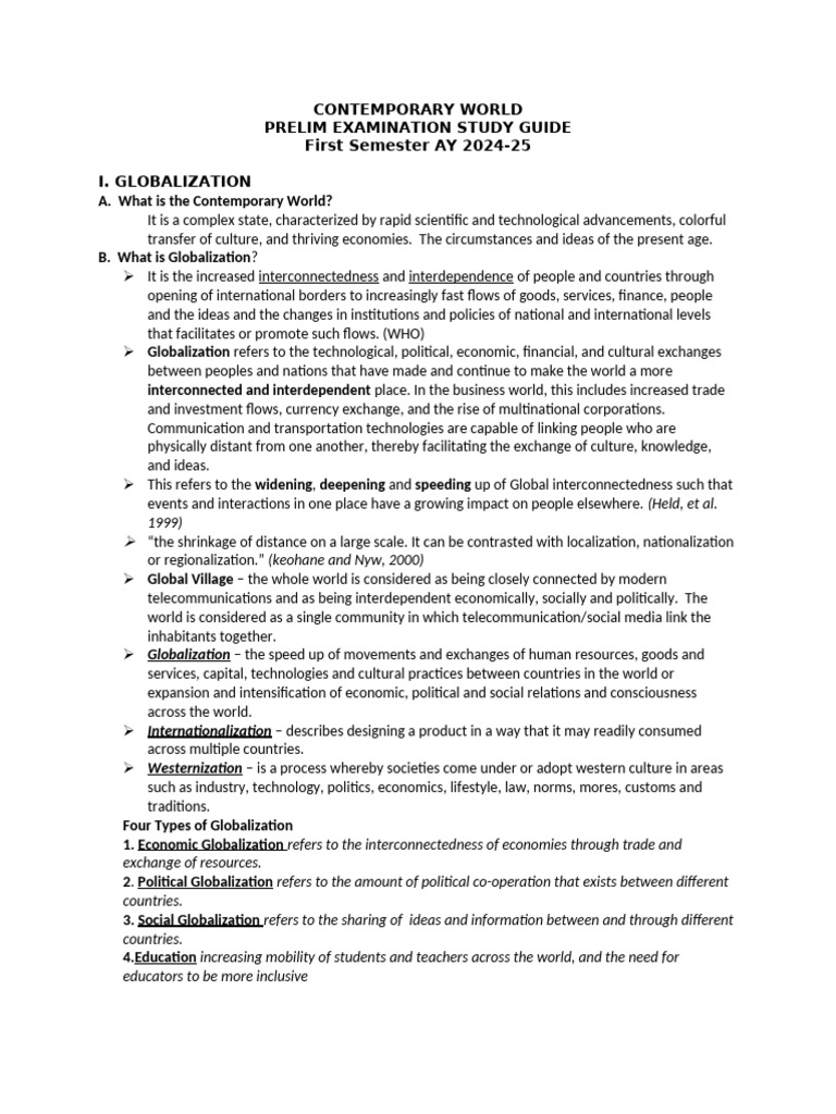 Cworld Prelim Study Guide 1st Sem Ay 2024-25 | PDF | Globalization | Trade Agreements