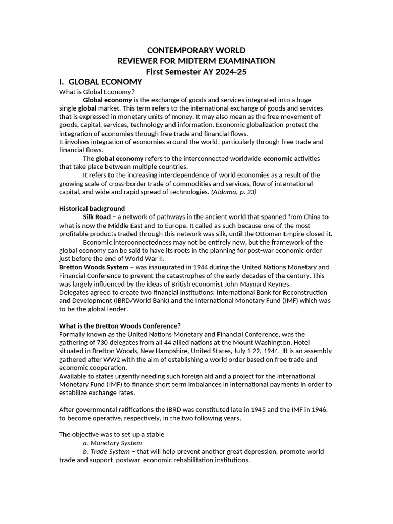 Midterm Reviewer CWORLD 1st Sem. AY2024-25 | PDF | Bretton Woods System | Sustainability