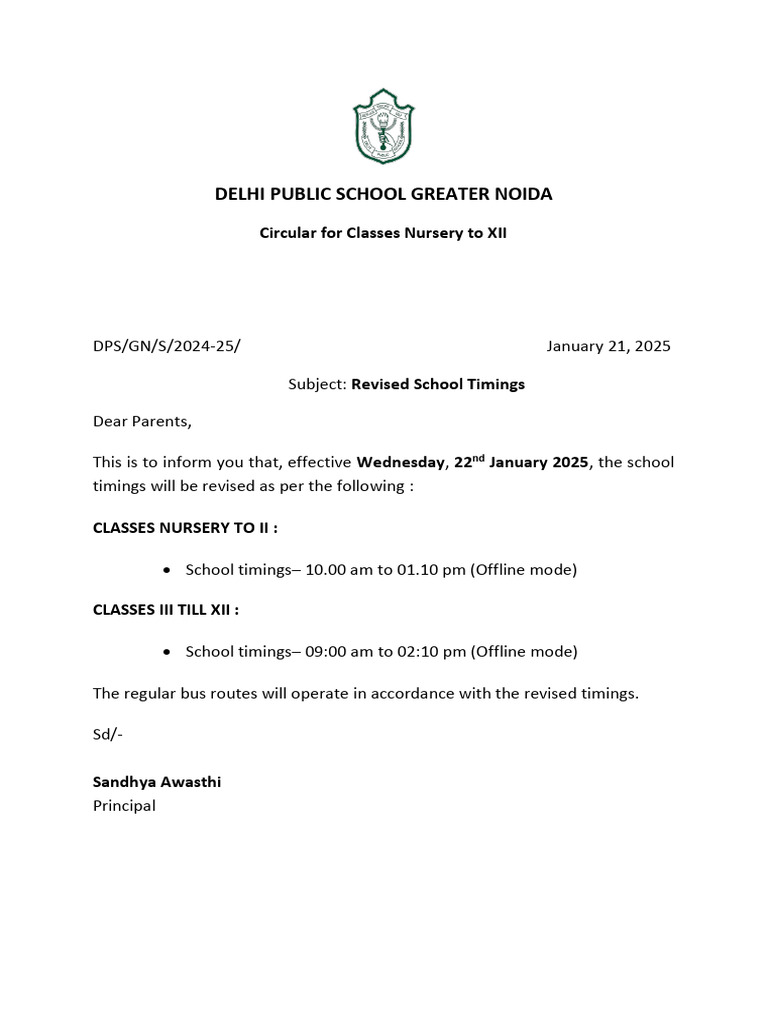 Revised School Timings for DPS Greater Noida | PDF