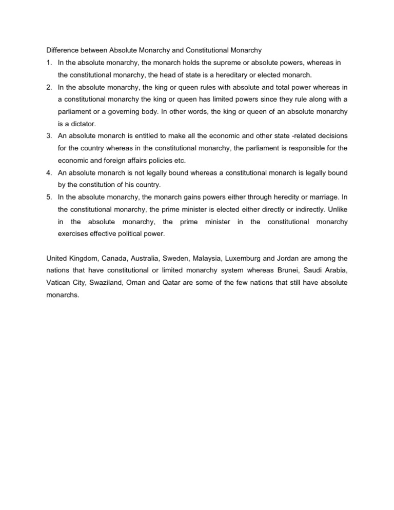 Difference Between Absolute Monarchy and Constitutional Monarchy | PDF ...