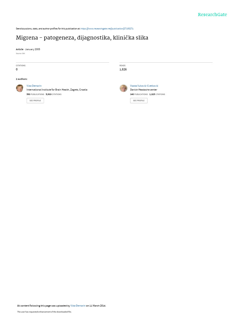 Migrena - Patogeneza Dijagnostika Klinicka Slika | PDF