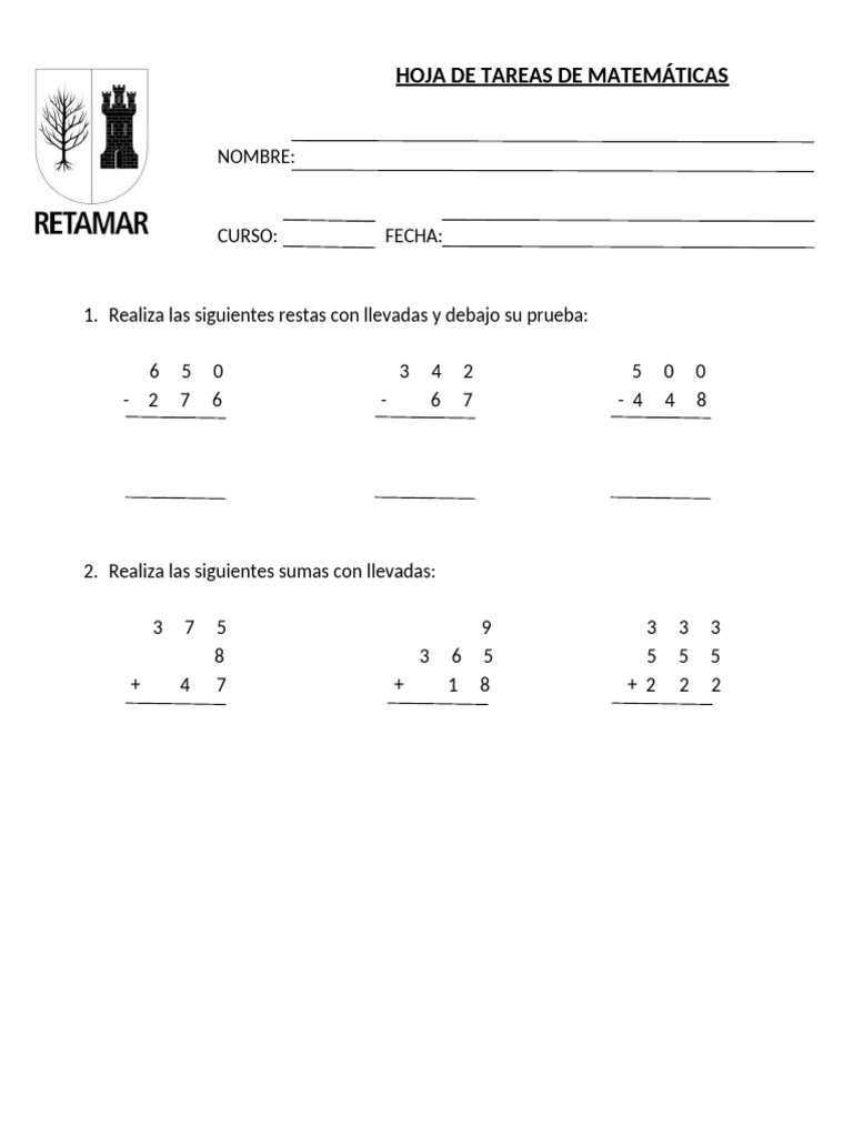 Hoja de Tareas de Matemáticas: Sumas y Restas | PDF