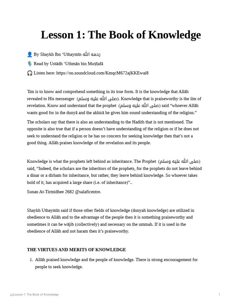 Lesson_1_The_Book_of_Knowledge | PDF | God In Islam | Prophets And ...