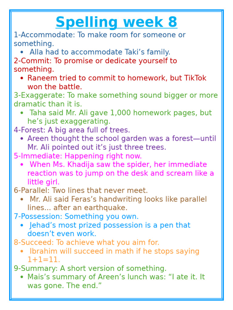 Week 8 Spelling Words and Definitions | PDF