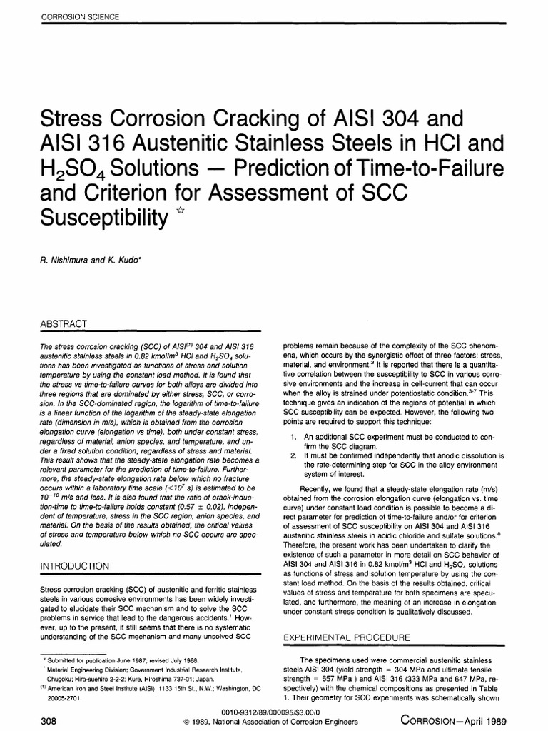 SCC of AISI 304 & 316 in Acid Solutions | PDF | Stainless Steel | Corrosion