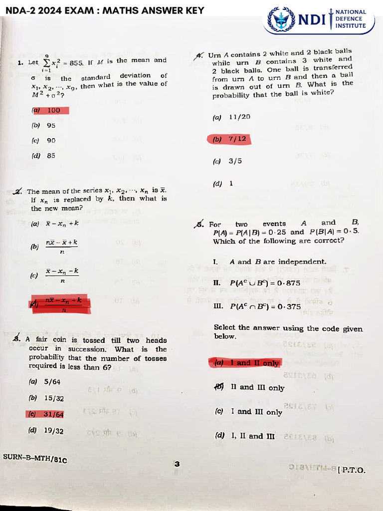 Nda 2 2024 Maths Paper Answer Key Updated | PDF