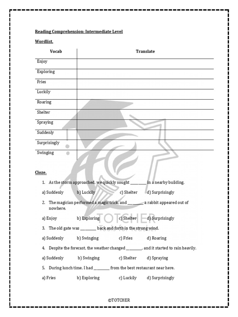Reading Comprehension: Intermediate Level Wordlist. Vocab Translate | PDF