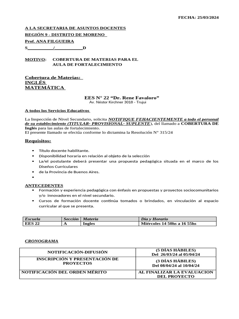 Ees 22 Convocatoria Distrital Afte - Ingles | PDF