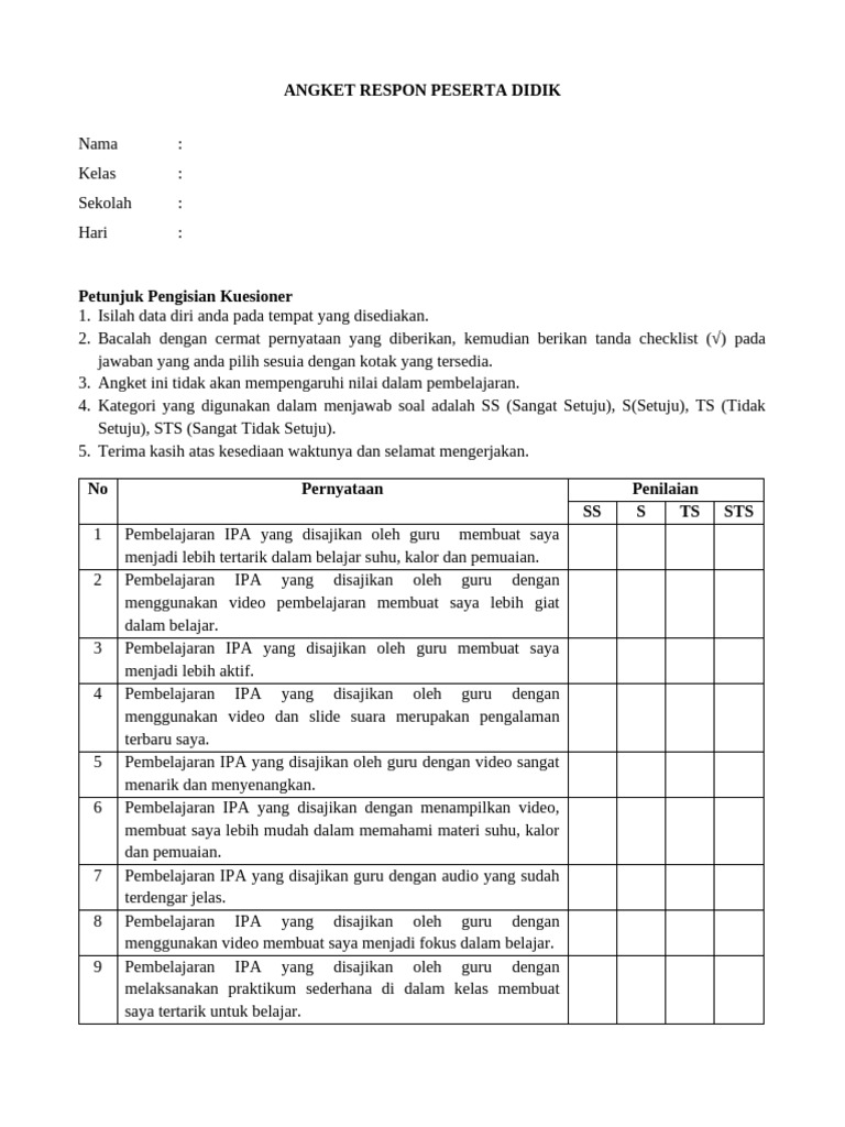 Angket Respon Peserta Didik | PDF