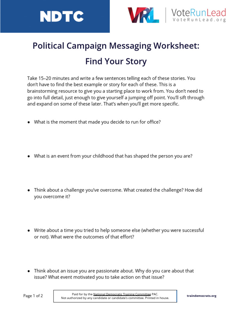 Political Campaign Messaging Worksheet - Find Your Story | PDF