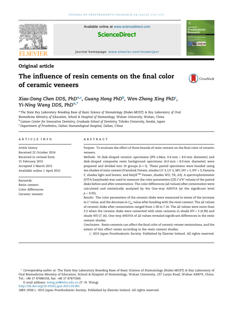 Resin Cements Impact on Ceramic Veneer Color | PDF | Dentistry Branches