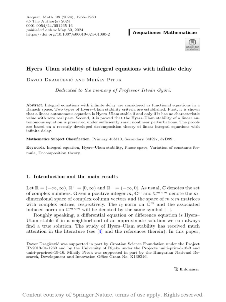 Hyers-Ulam Stability of Integral Equations With in | PDF | Stability Theory | Eigenvalues And ...