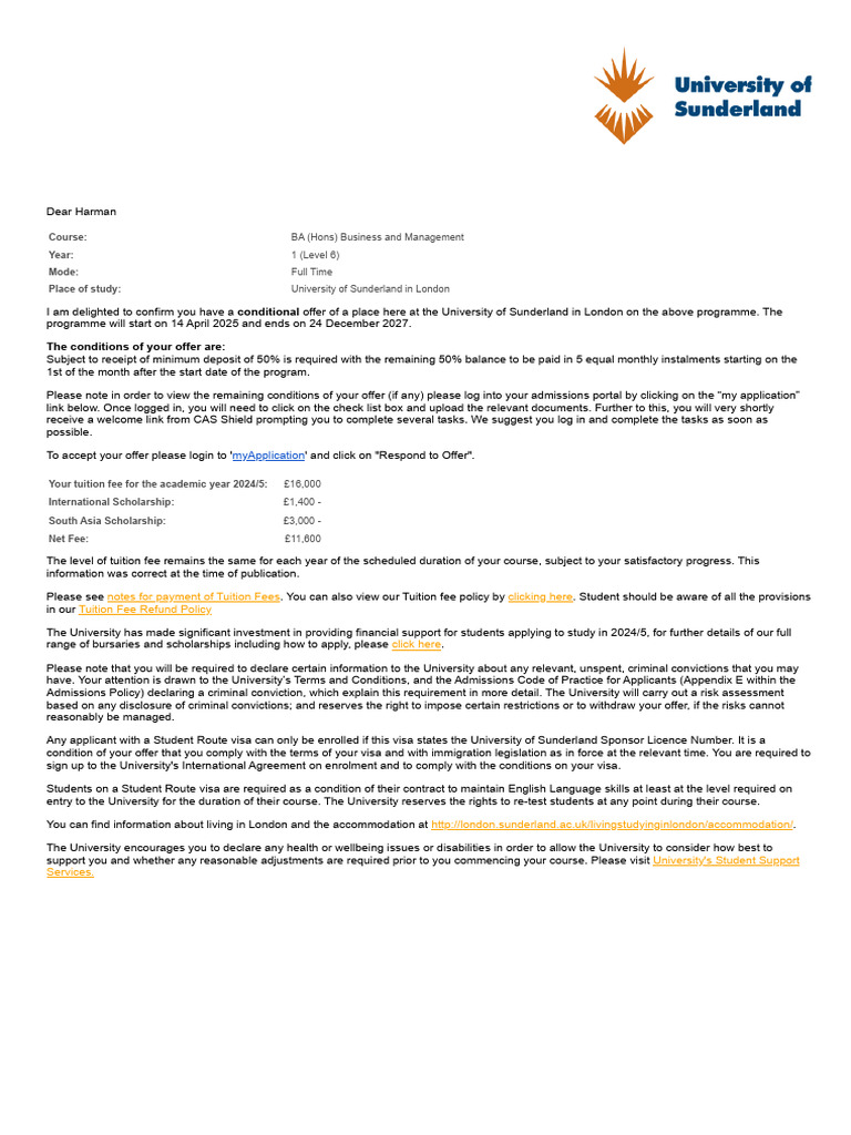 Harman Conditional Offer Letter Siunderland University | PDF | Travel ...
