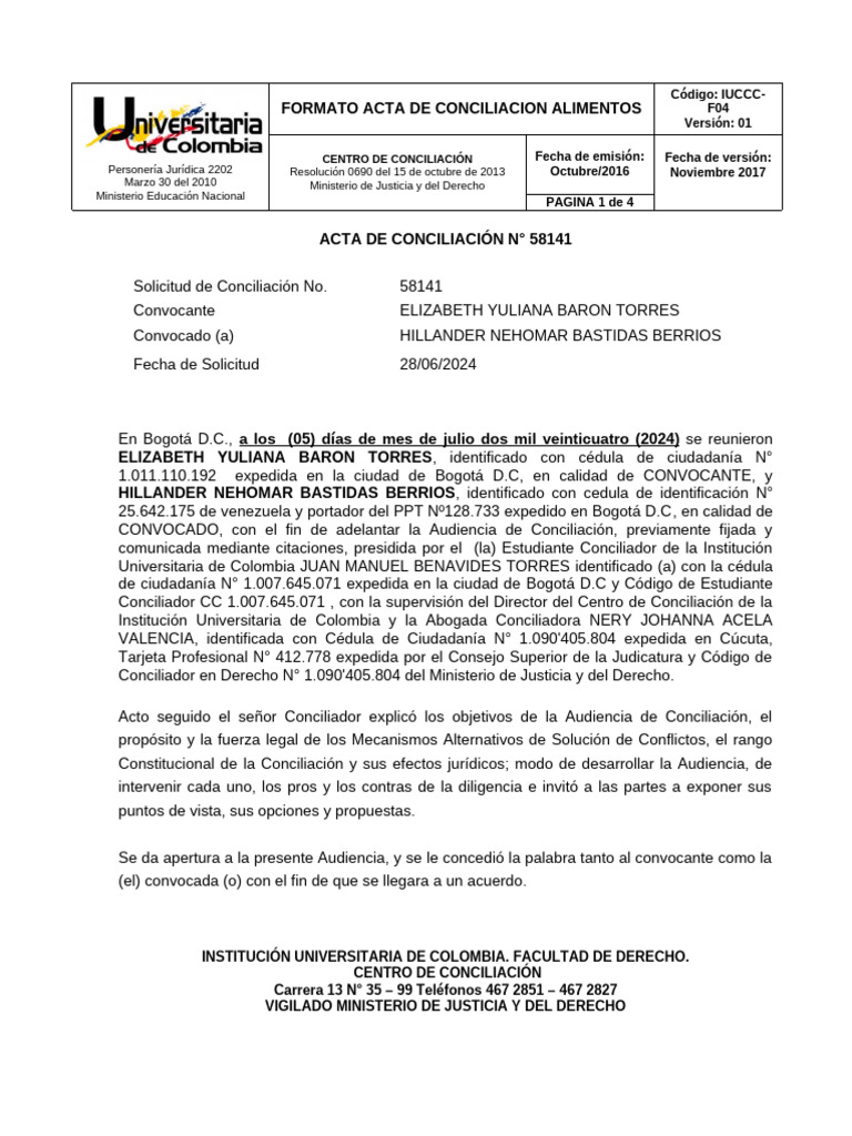 ACTA CONCILIACION FINAL ELIZABETH BARON | PDF | Justicia | Crimen y violencia