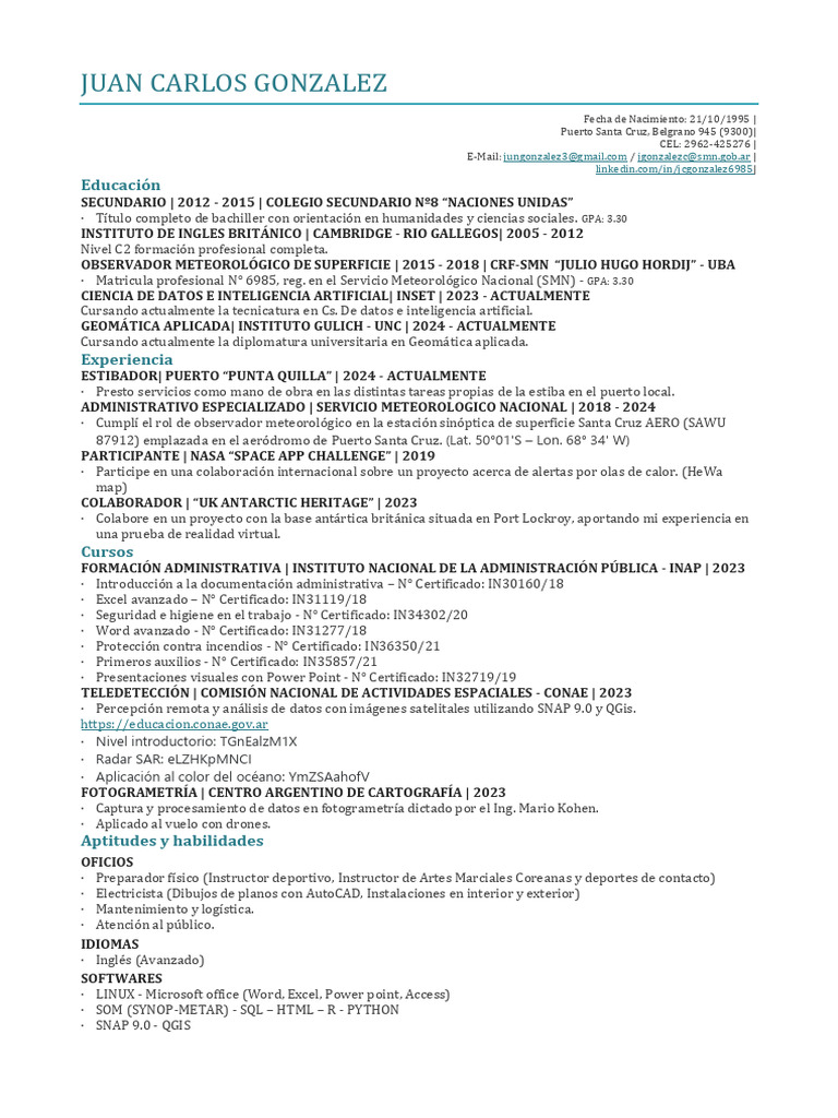 Curriculum Vitae 2025 Juan Carlos Gonzalez PSC | PDF