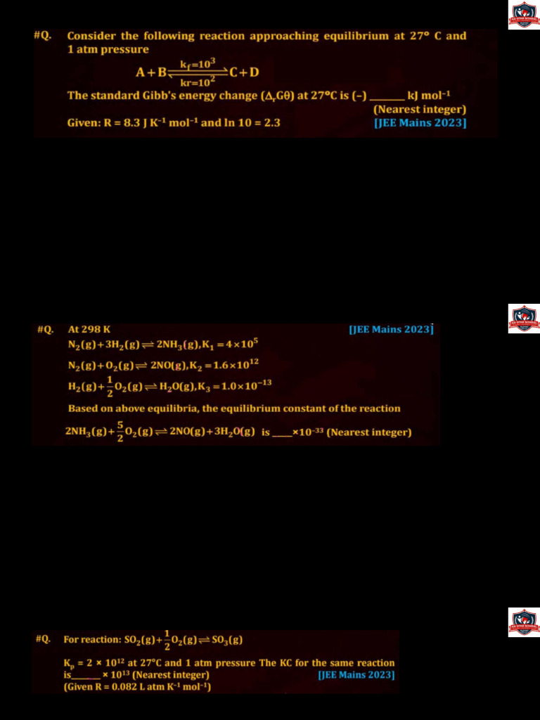 Chemical Equilibrium Pyq | PDF