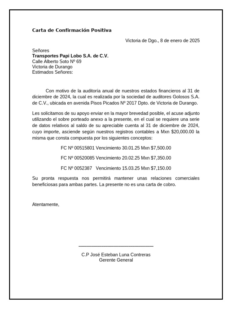 Carta de Confirmación Positiva | PDF | Bancos | Auditoría