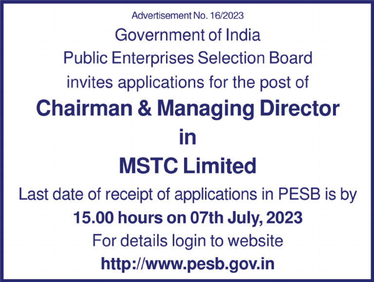 MSTC Advt CMD MSTC 2023 English | PDF
