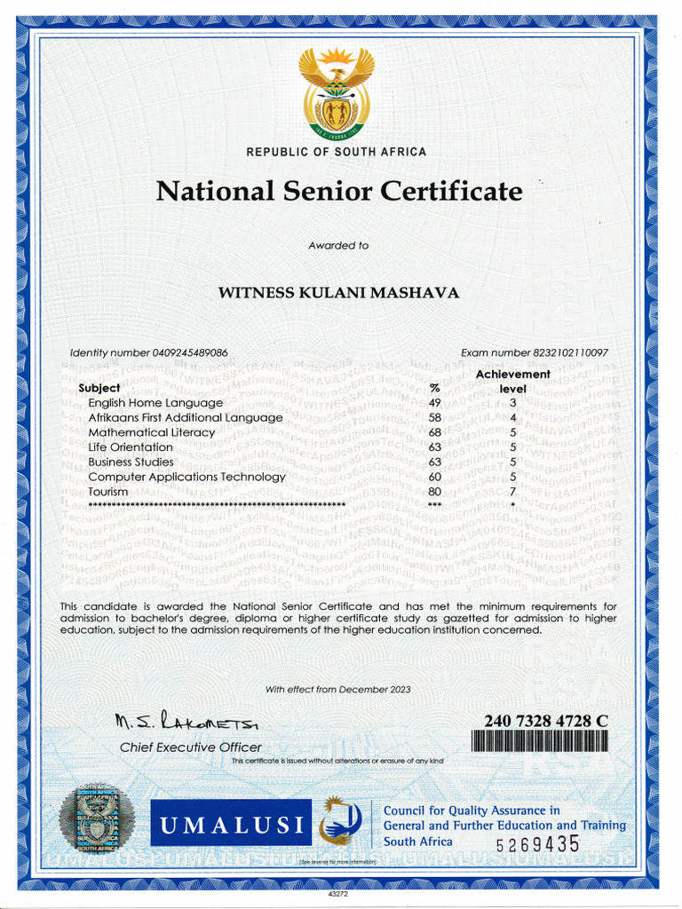 Witness Kulani NSC Matric Certificate | PDF