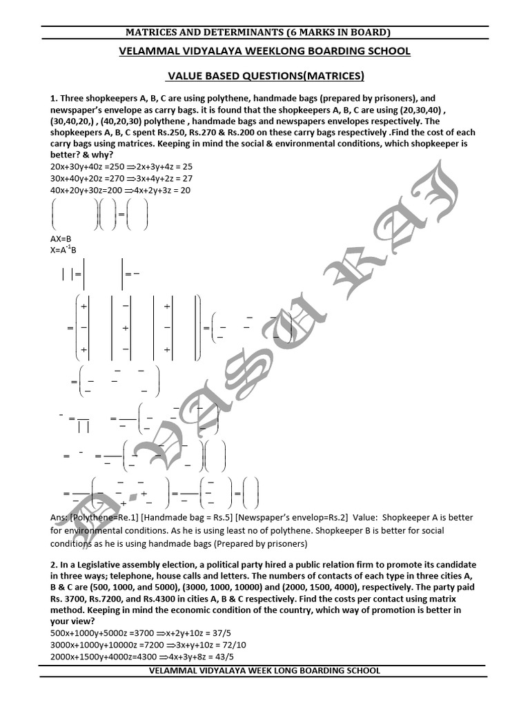 11469matrices Value Based Questions | PDF | System Of Linear Equations ...