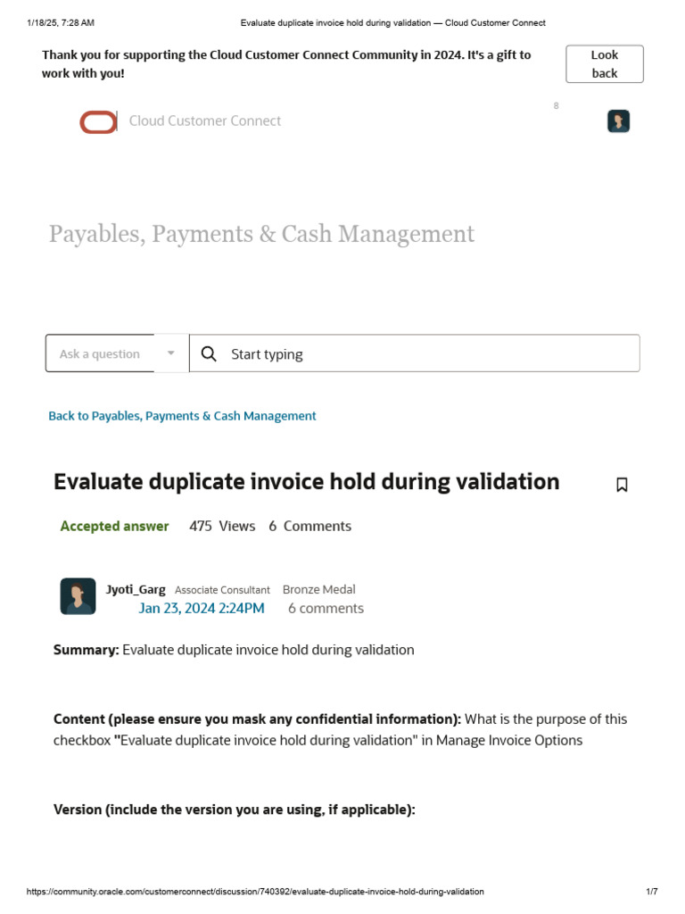 Evaluate Duplicate Invoice Hold During Validation - Cloud Customer ...