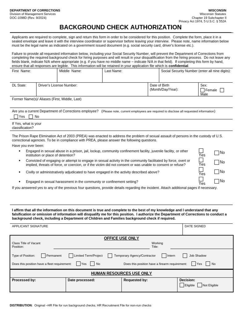 Wisconsin DOC Background Check Form | PDF | Background Check | Consent