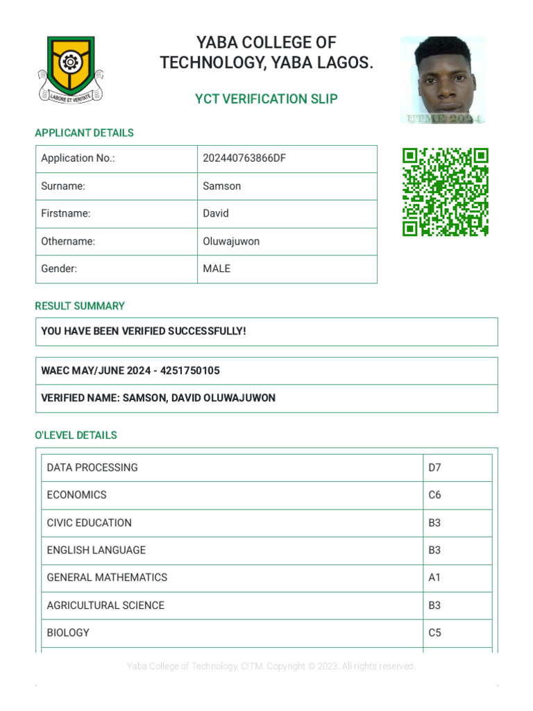 YCT VERIFICATION SLIP FOR Samson David | PDF